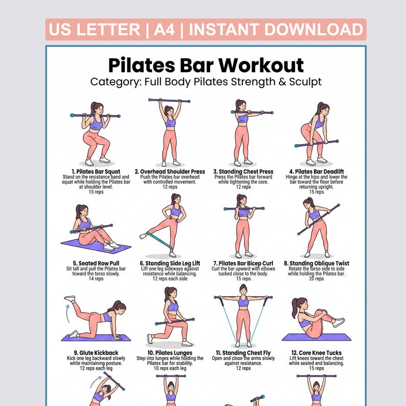 Pilates Bar Workout PDF, Full Body Resistance Band Workout, Fitness ...