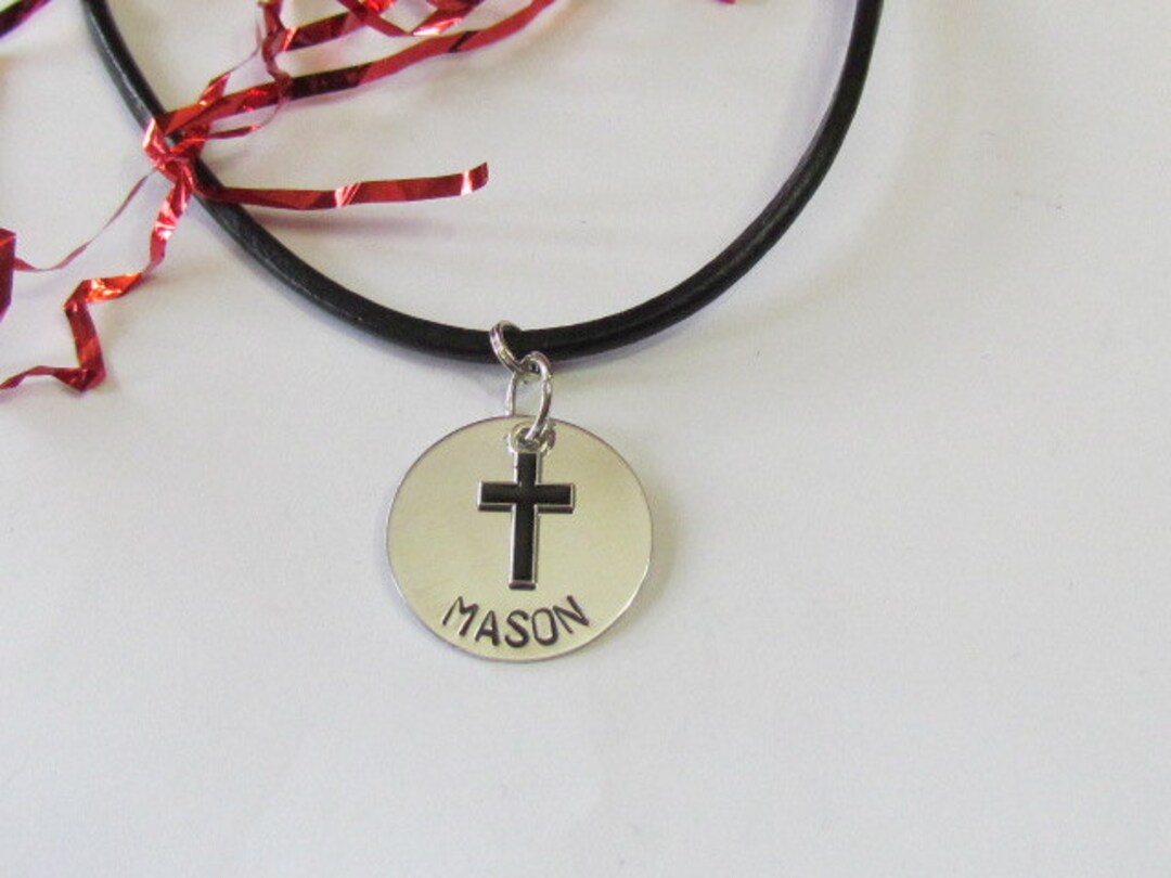 Boys Confirmation Necklace • Black Cross Leather Necklace• Personalized ...