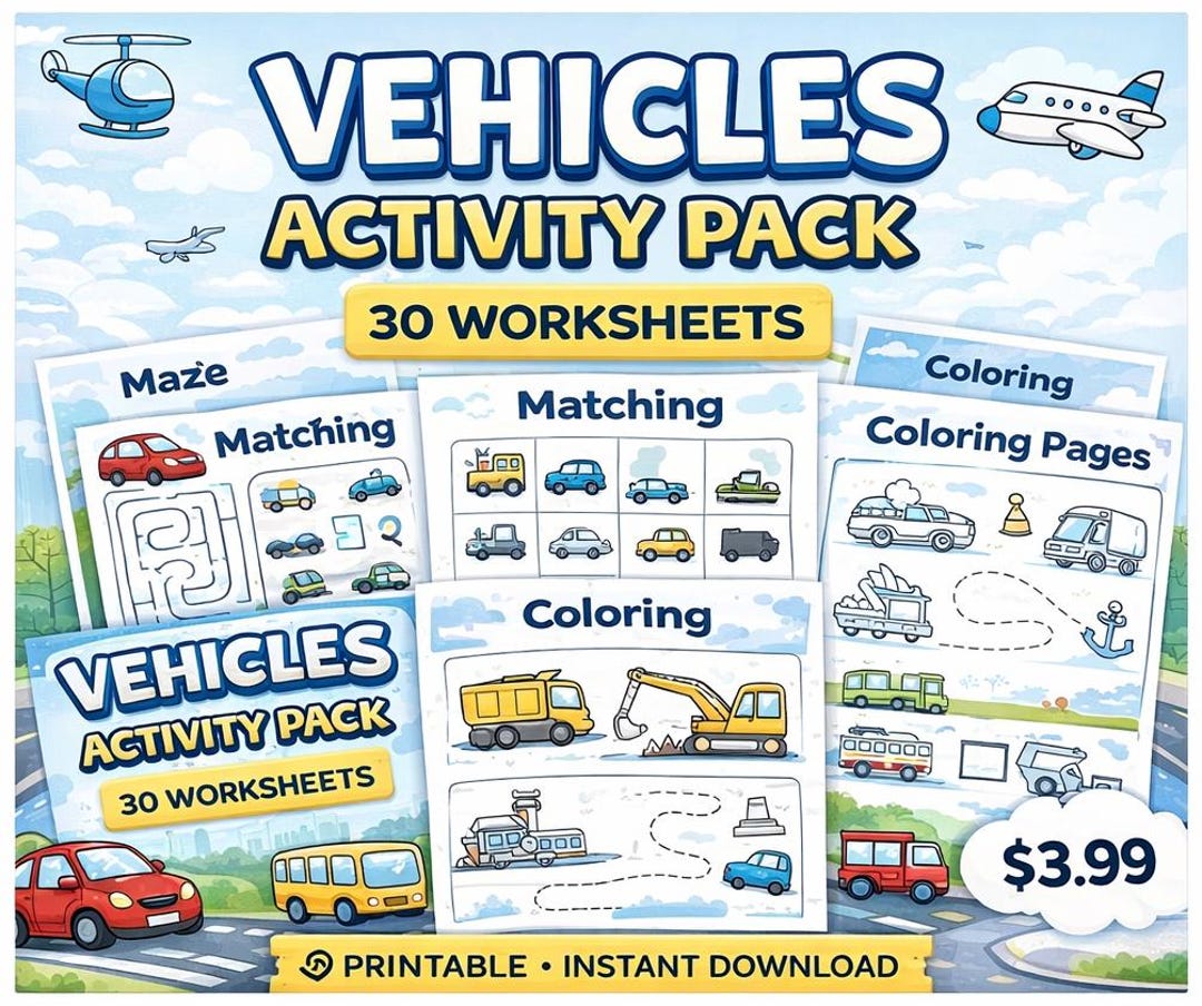 Vehicles Activity Pack for Kids,30printable Worksheets,preschool ...