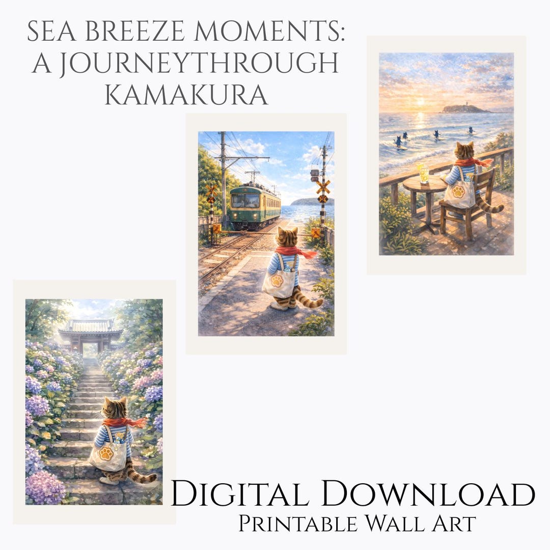 Japandi Cat Art Set, Kamakura Enoden Train, Enoshima Sunset Prints ...