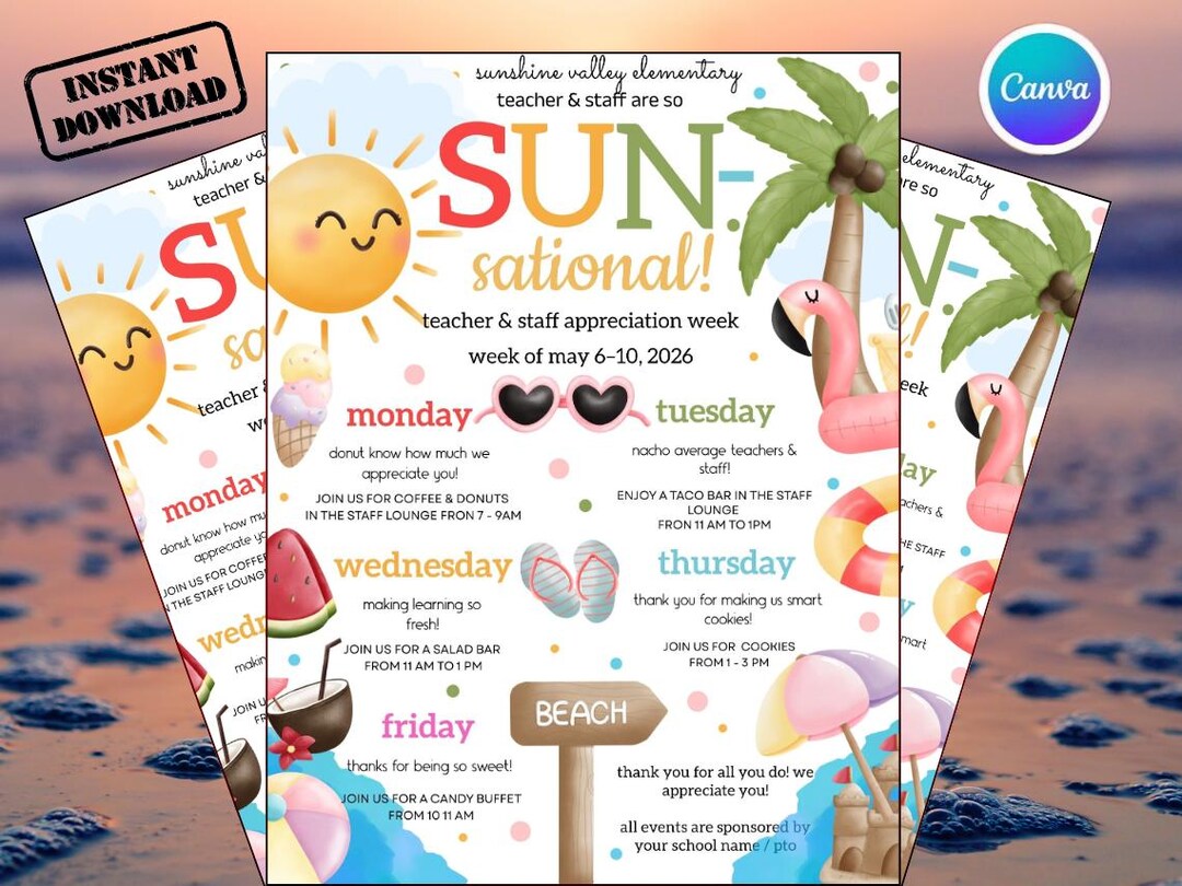 Editable Beach Theme Teacher & Staff Appreciation Sunsational Itinerary ...