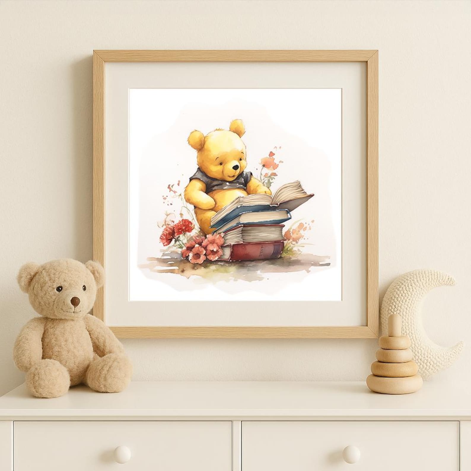 Winnie the Pooh With Stack of Books Wall Art | Digital Download | Clip ...
