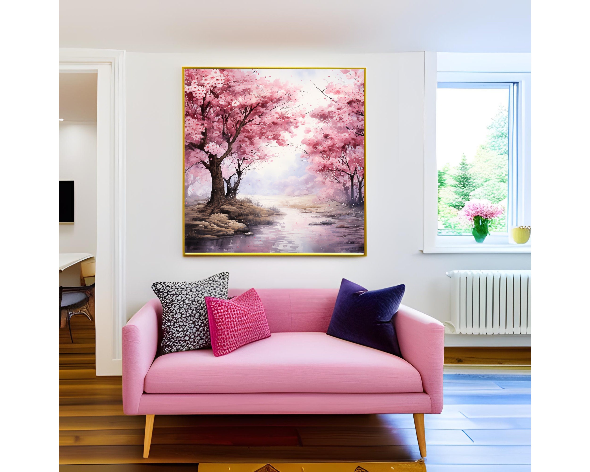 Cherry Blossom Trees Digital Watercolor Painting | Vibrant Artwork ...