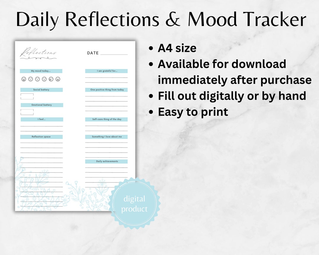 Daily Reflections and Mood Tracker Single Page Printable, Self-care ...