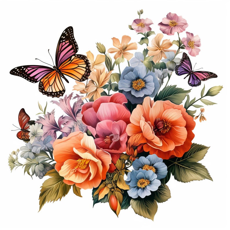 Flowers and Butterflies | Transparent Background | Digital Download ...