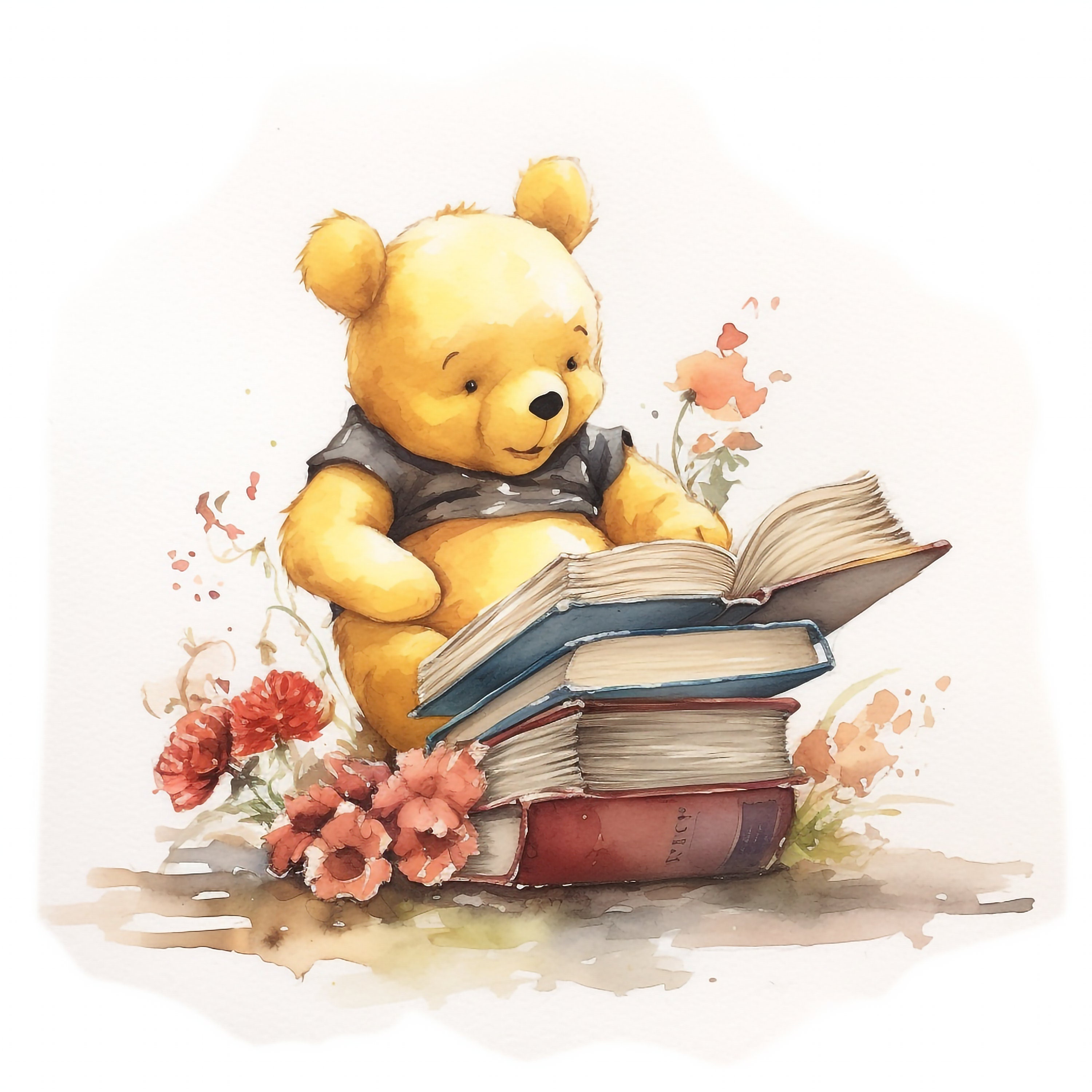 Winnie the Pooh With Stack of Books Wall Art | Digital Download | Clip ...