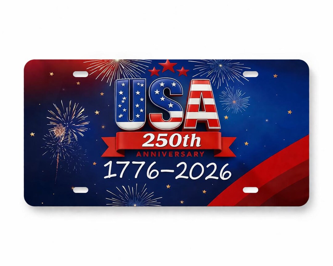 USA 250th Anniversary License Plate Bold Patriotic Fireworks Design ...