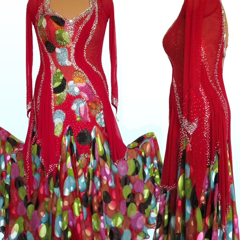 Red Smooth Ballroom Dress With Multi-color Burnout Silk Chiffon Skirt ...