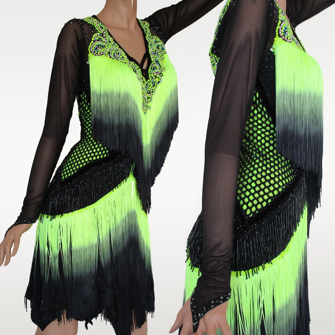 Black and Neon Yellow Latin Fringe Dance Dress - Etsy UK