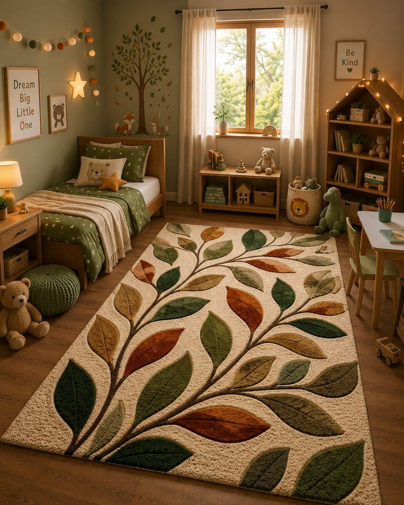 Luxury Botanical Leaf Vine Area Rug – Modern Nature-inspired Cream ...