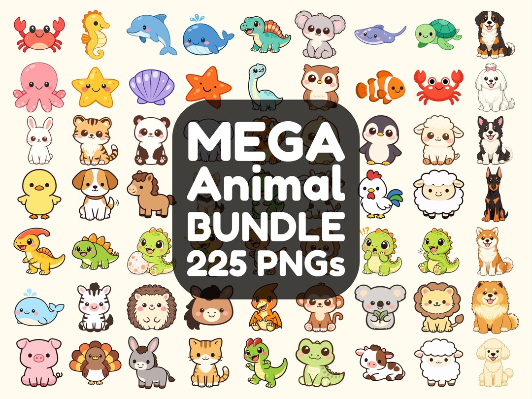 Cute Animal Clipart Mega Bundle 225 PNG | Kawaii Animals, Farm, Ocean ...