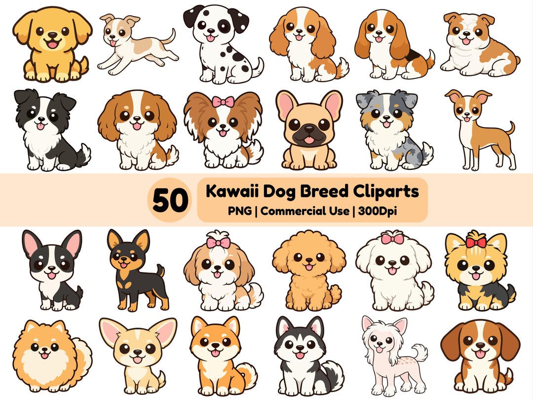 Kawaii Dog Clipart Bundle PNG | Cute Dog Breeds Pack | Pastel Puppy ...