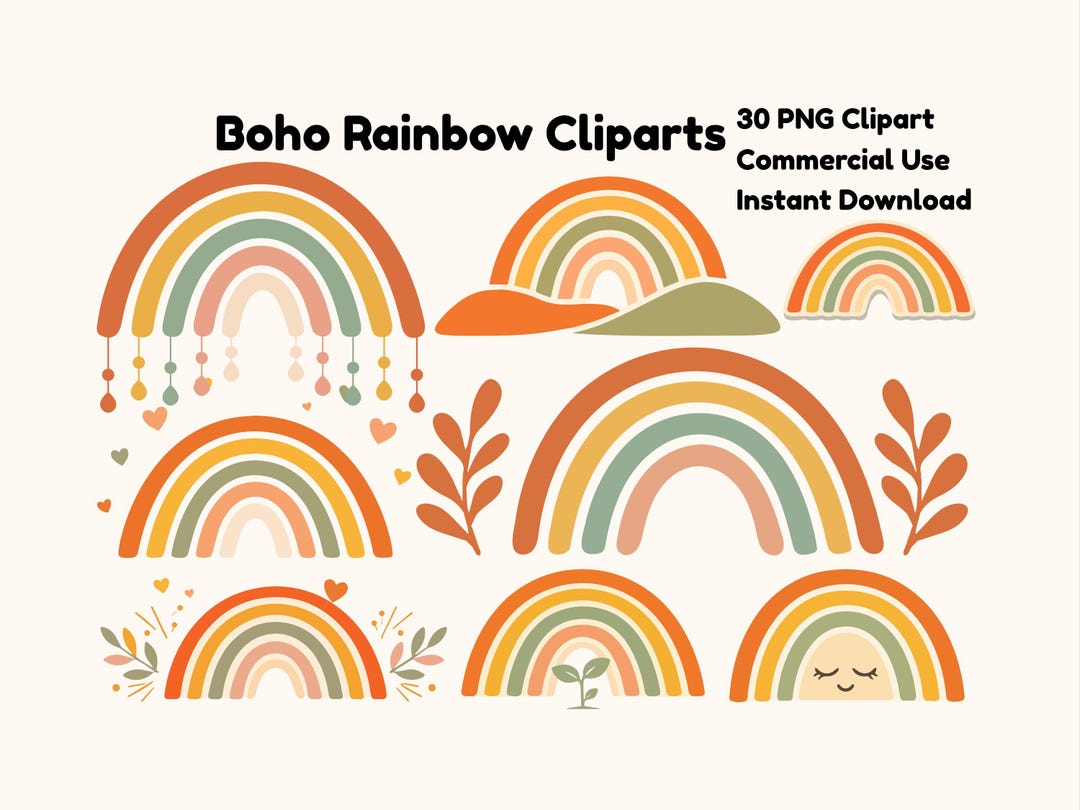 Boho Rainbow Clipart Bundle PNG | Neutral Rainbow Clipart | Nursery ...