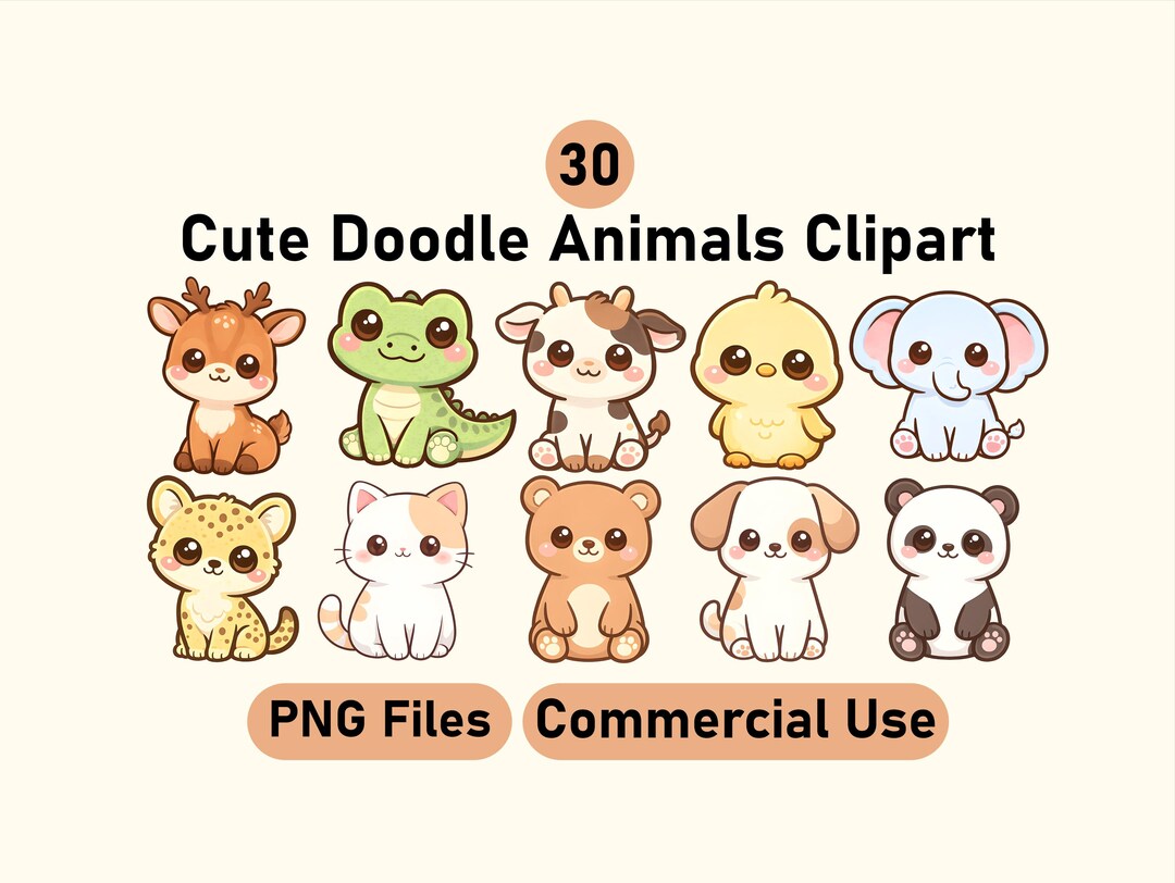 Cute Doodle Animals Clipart Bundle, Kawaii Animal PNG, Baby Animal ...
