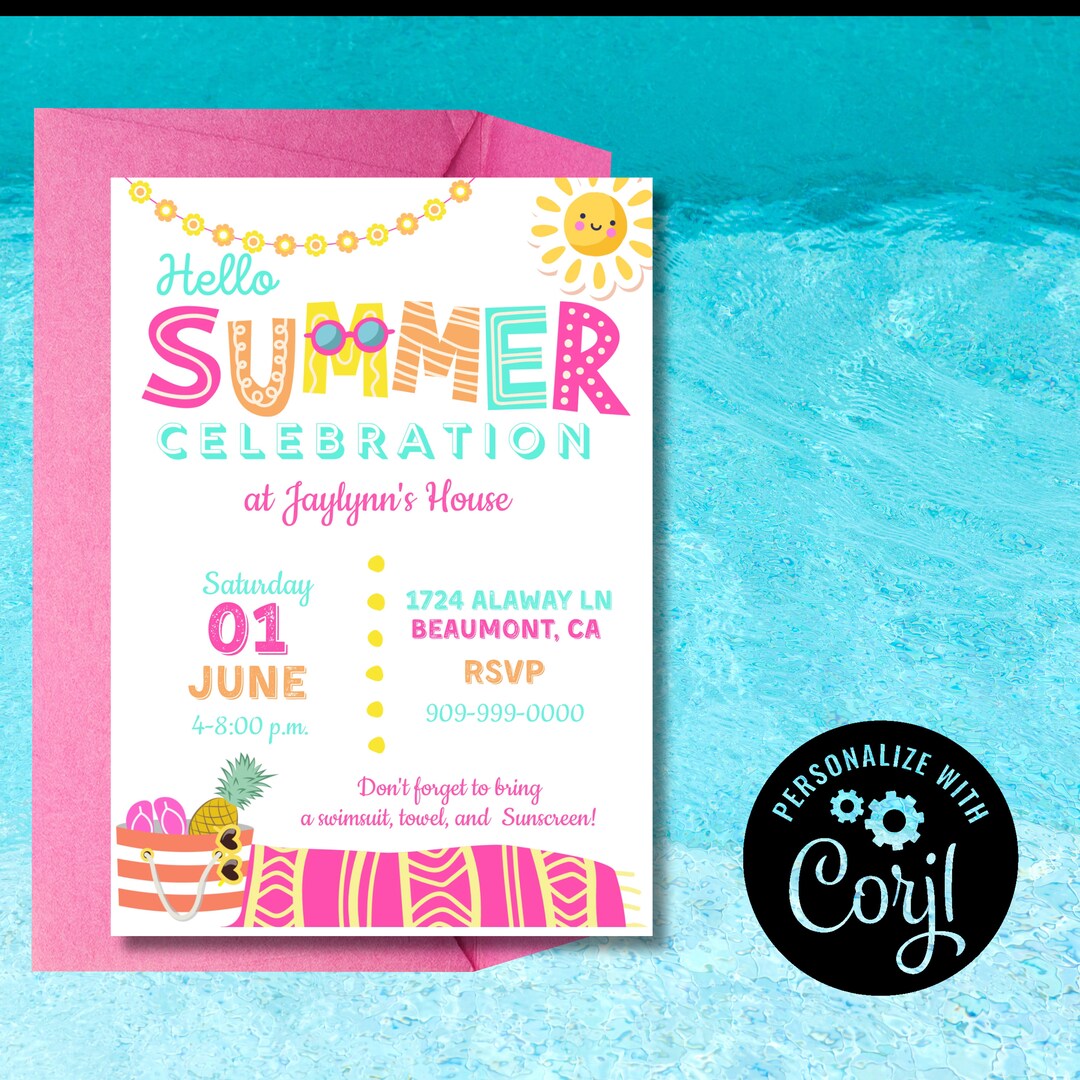 Summer Celebration End of School Year Pool Party Editable Printable ...