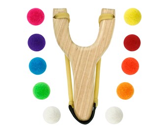 Wooden Slingshot toy with soft wool felt balls ammo Toy | Etsy
