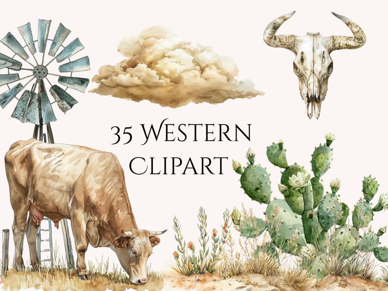 Vintage Western Ranch Clipart Bundle, Watercolor Cowboy Cow Cactus ...