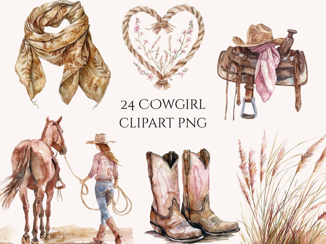 Vintage Cowgirl Clipart Bundle, Western Watercolor PNG Elements ...