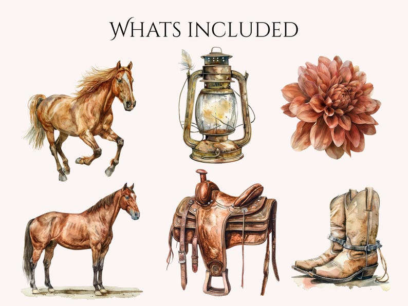 Vintage Western Ranch Clipart Bundle, Watercolor Cowboy Cow Cactus ...