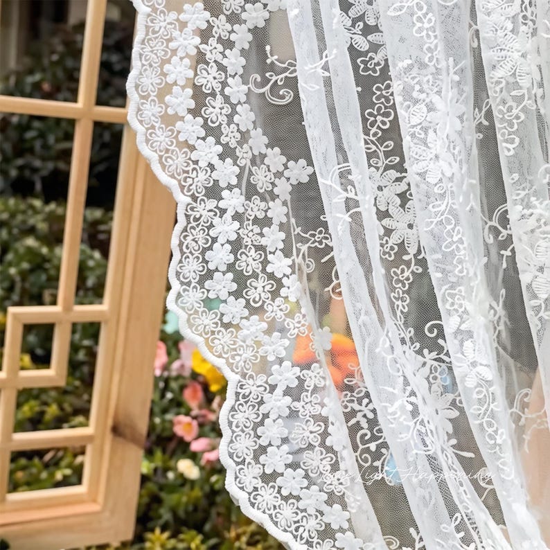 French Floral Embroidered Lace Curtains, Cottagecore Farmhouse Drapes ...