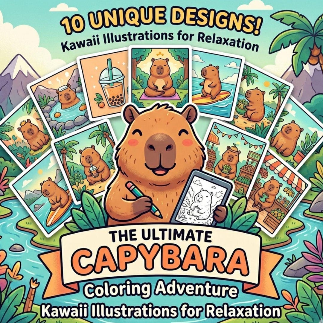 Capybara Coloring Book | Kawaii Animal Printable Pages (PDF Download ...