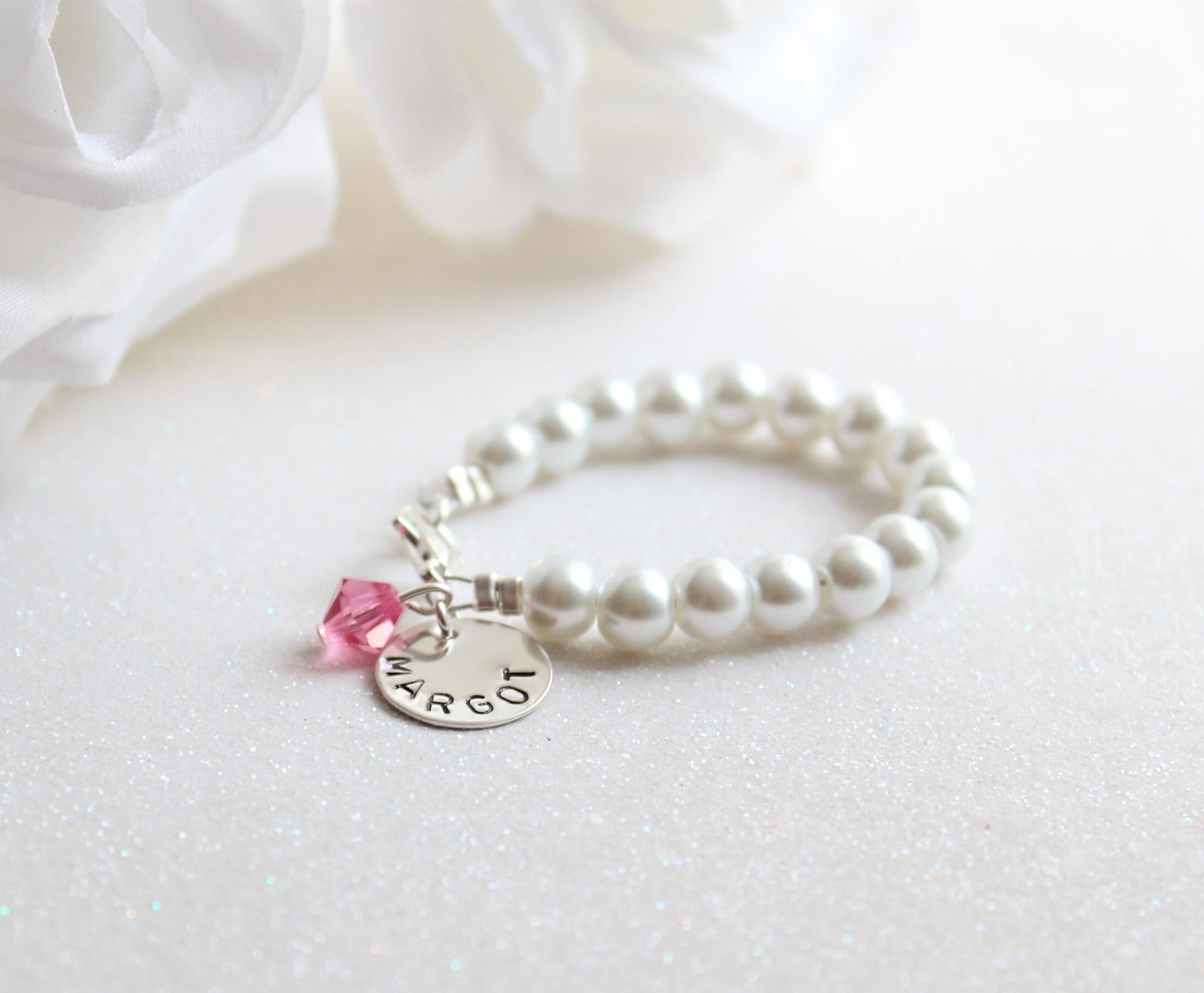 BABY GIRL Pearl Bracelet, Hand Stamped Sterling Silver Charm ...