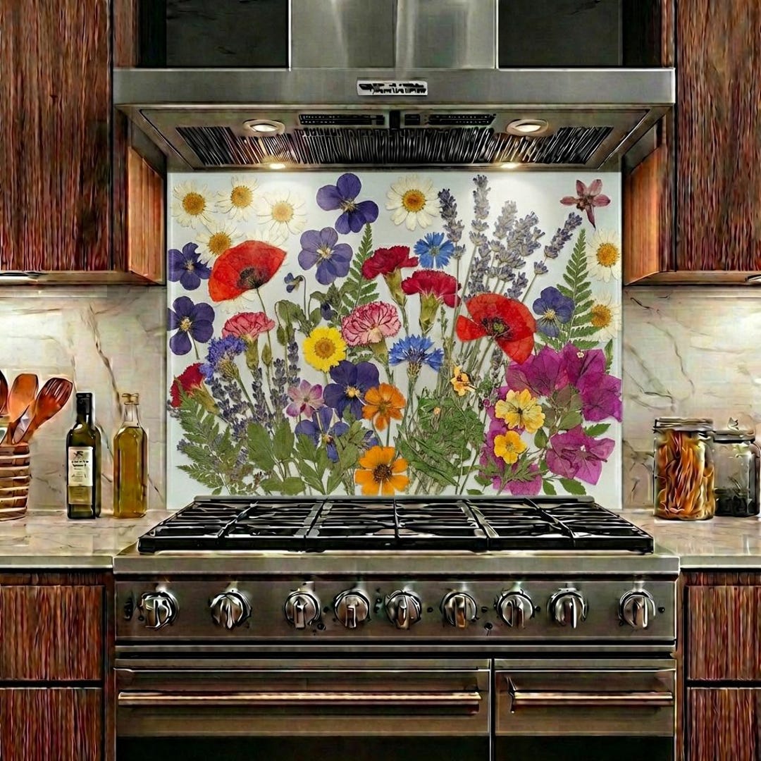 Pressed Wildflower Tempered Glass Backsplash, Cottagecore Kitchen Decor ...
