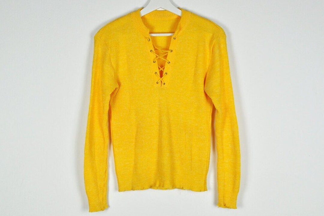 Vintage Yellow Ribbed Knit Lace up V Neck Long Sleeve Pullover Sweater ...