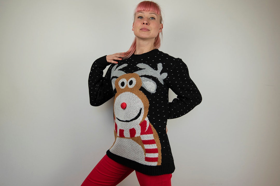 Vintage Black Knit Christmas Reindeer Rudolph Sweater - Etsy