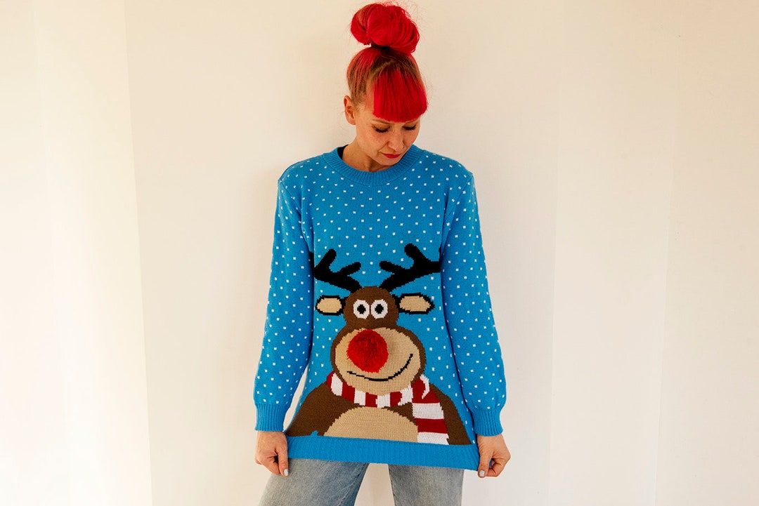 Vintage Blue Knit Rudolf the Red Nosed Reindeer Pullover Christmas ...