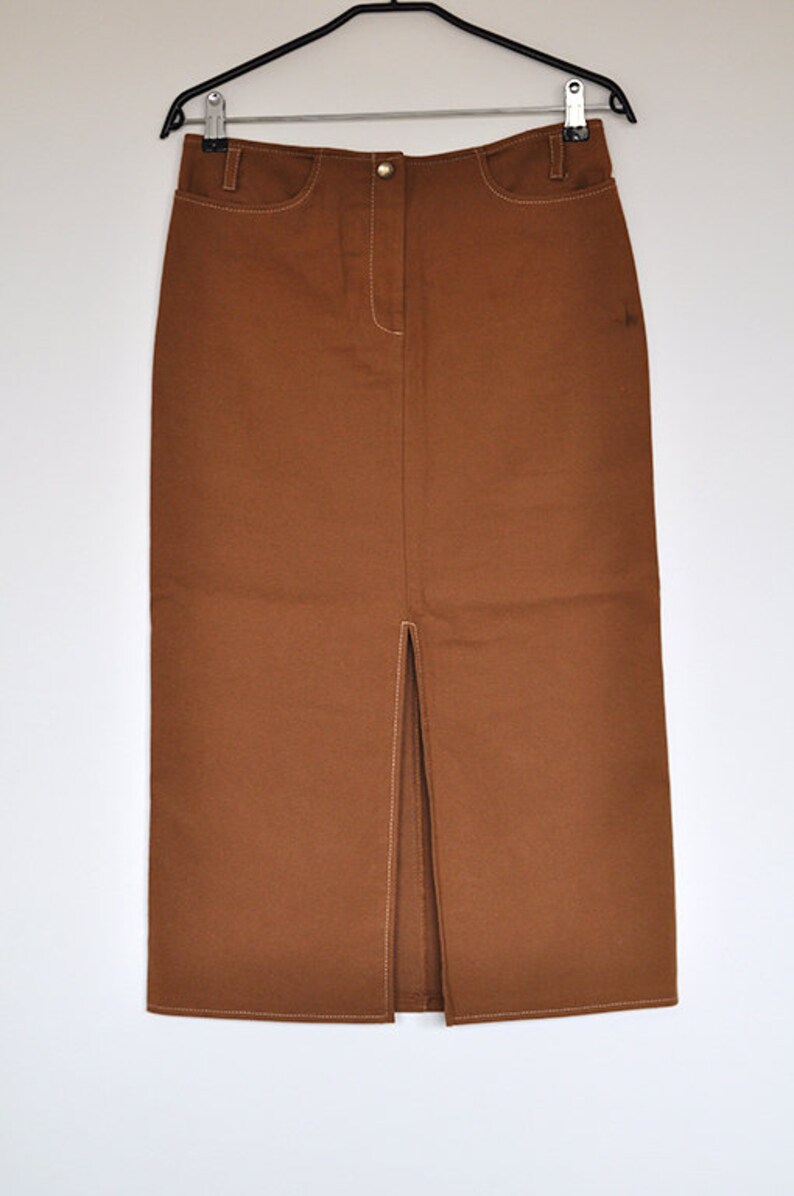 Vintage Brown Denim Pencil Midi Skirt | Etsy