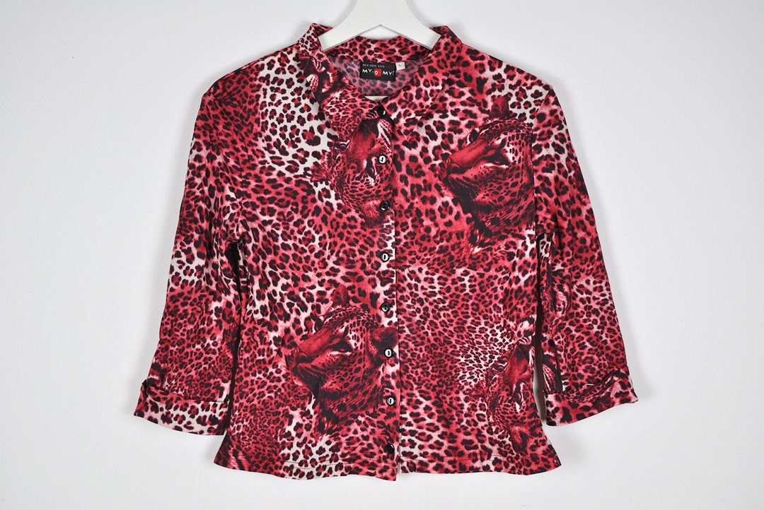 Vintage Red Leopard Print Mid Sleeve Button Down Collared Blouse Top - Etsy