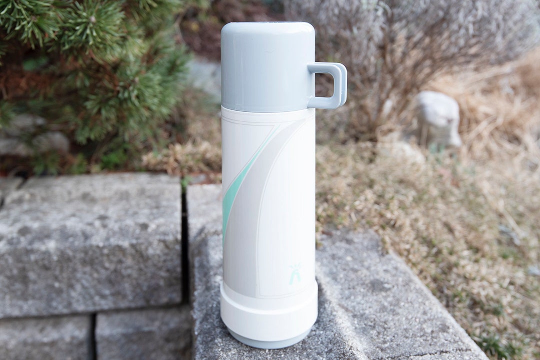 Vintage White and Turquoise Thermo Flask - Etsy