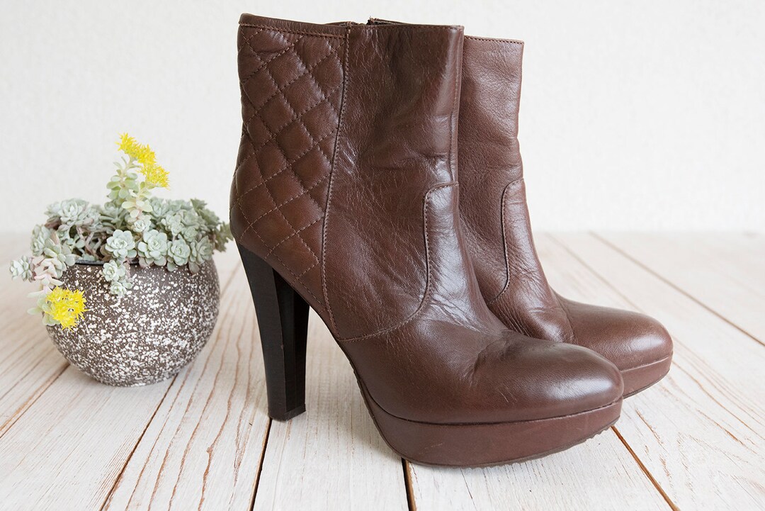 NOS Vintage Brown Leather Platform Booties - Etsy