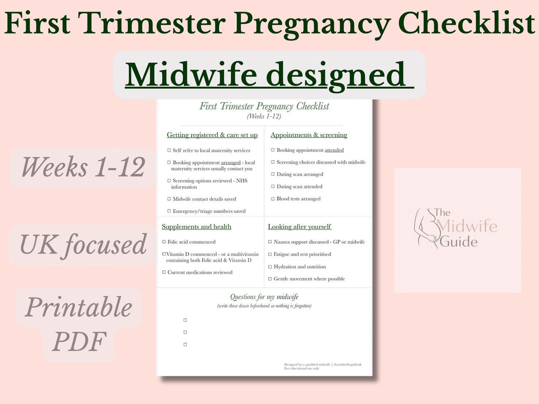 First Trimester Pregnancy Checklist Printable | Weeks 1–12 | Midwife ...