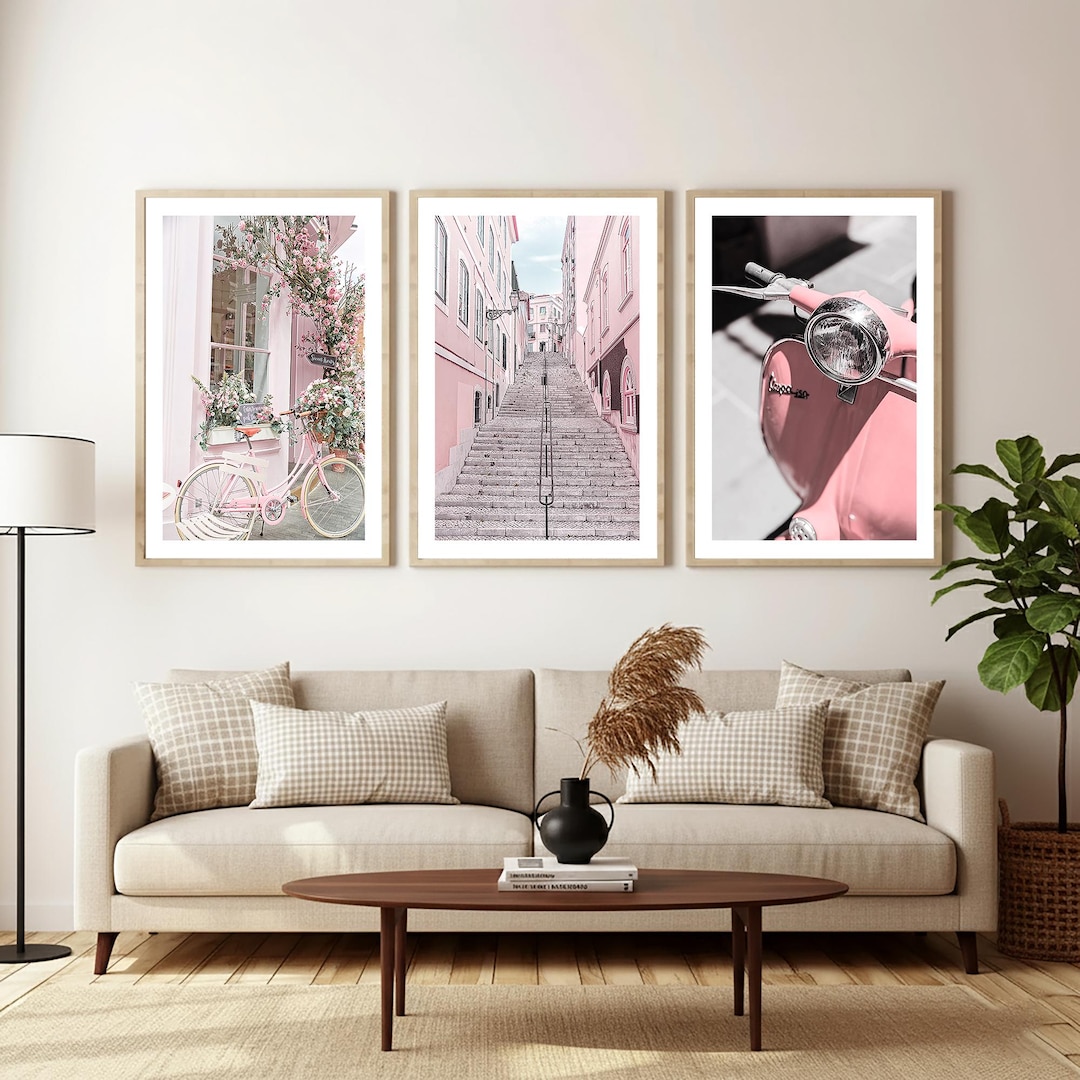 Pink Italy City Wall Art Set of 3, European Travel Print With Vespa and ...