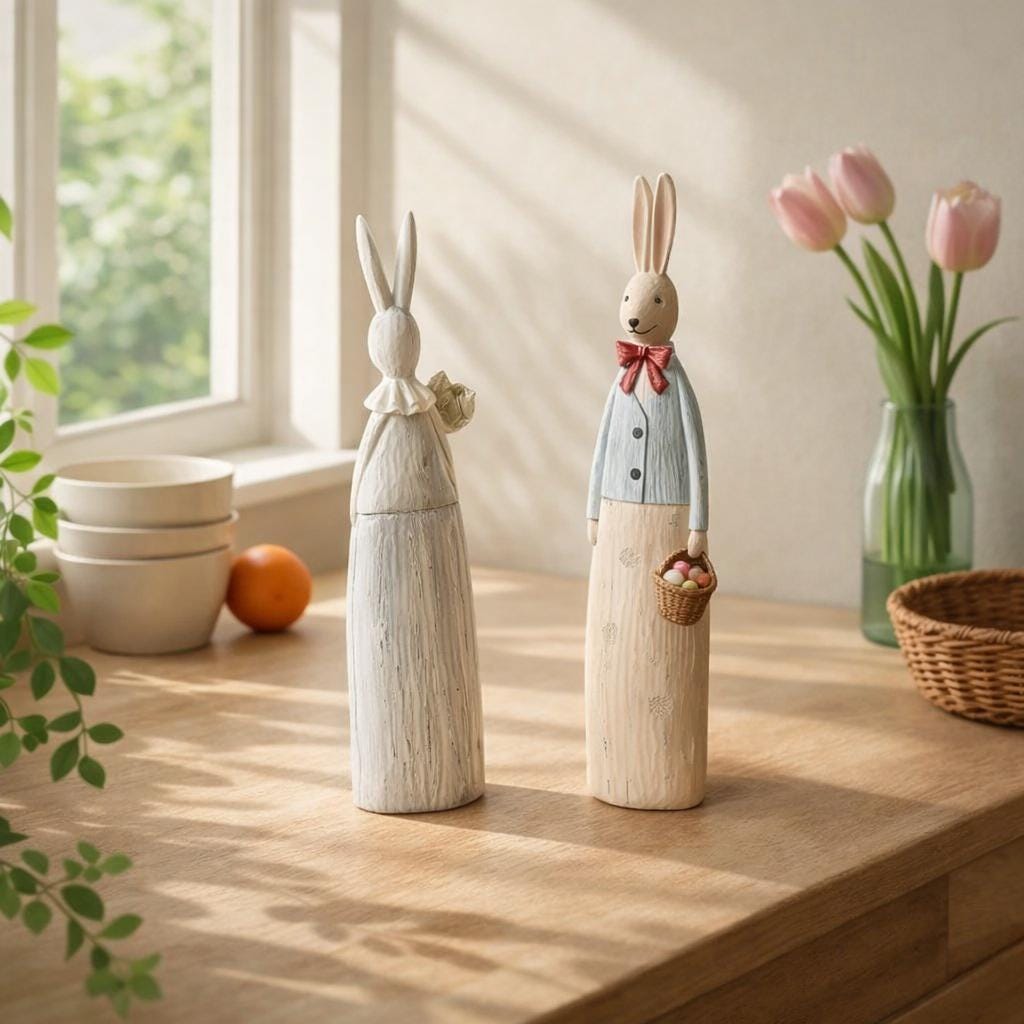 Wood Grain Bunny Couple Statue Romantic Anniversary Gift Shelf Decor ...