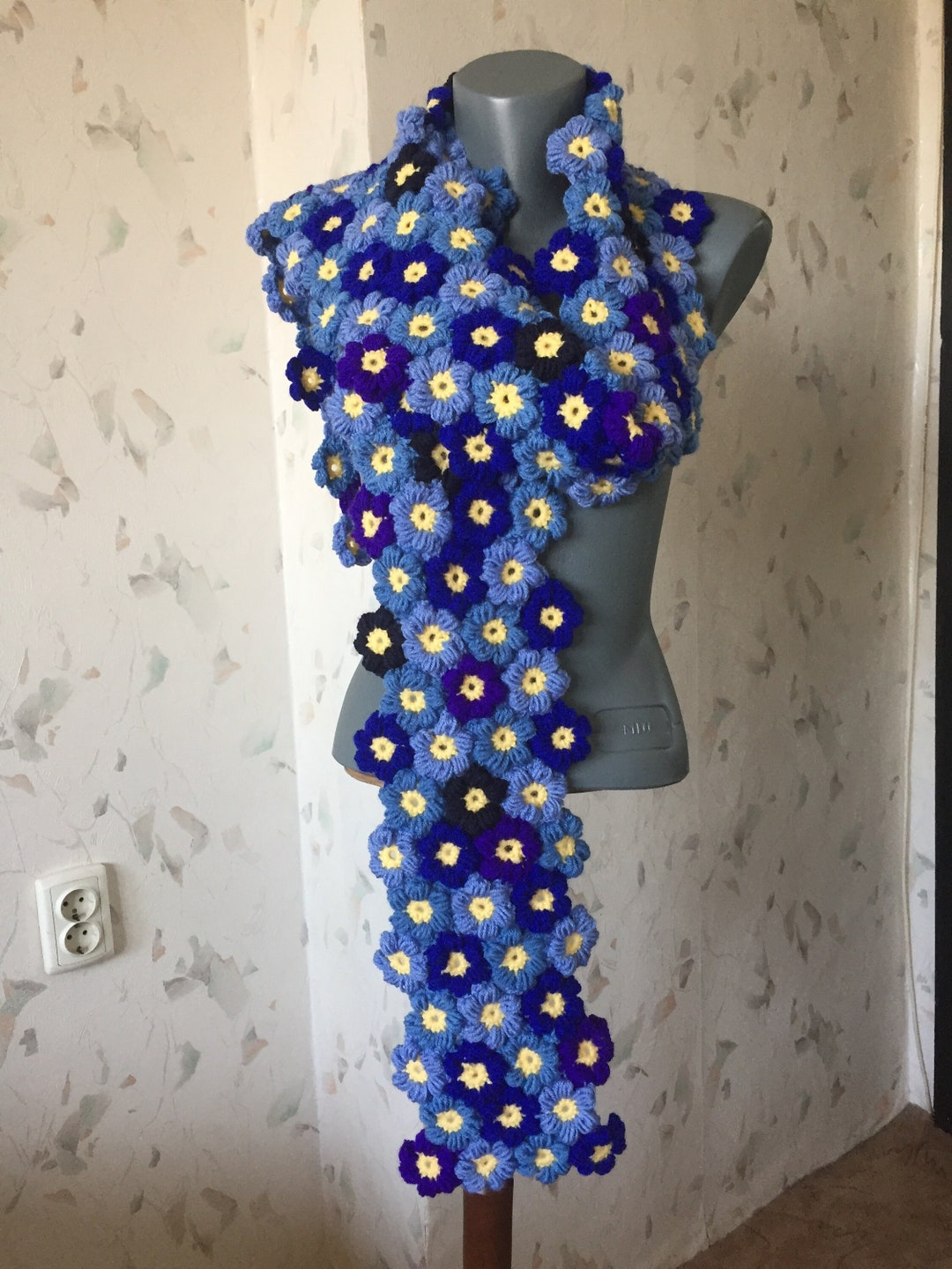 Granny Square Crochet Scarf - Puff Flowers - Etsy