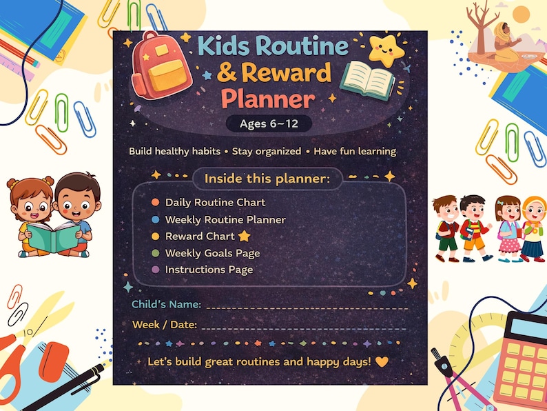 Kids Daily Routine Chart & Reward System Printable | Morning Evening ...