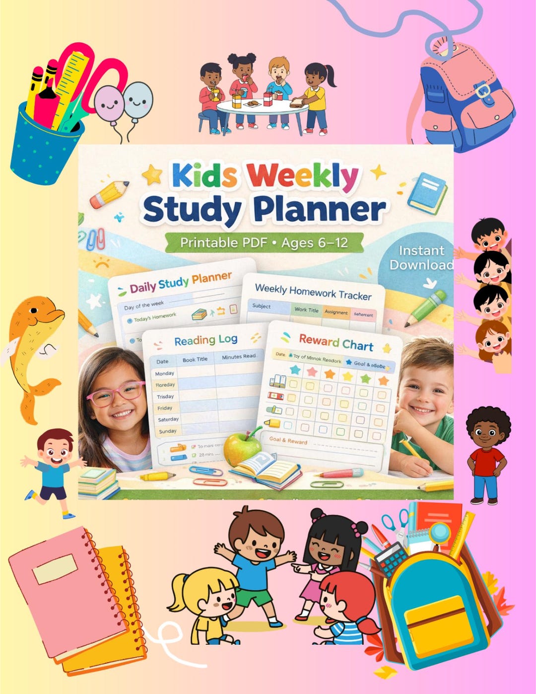 Kids Weekly Study Planner | Printable Homework Tracker, Reading Log ...