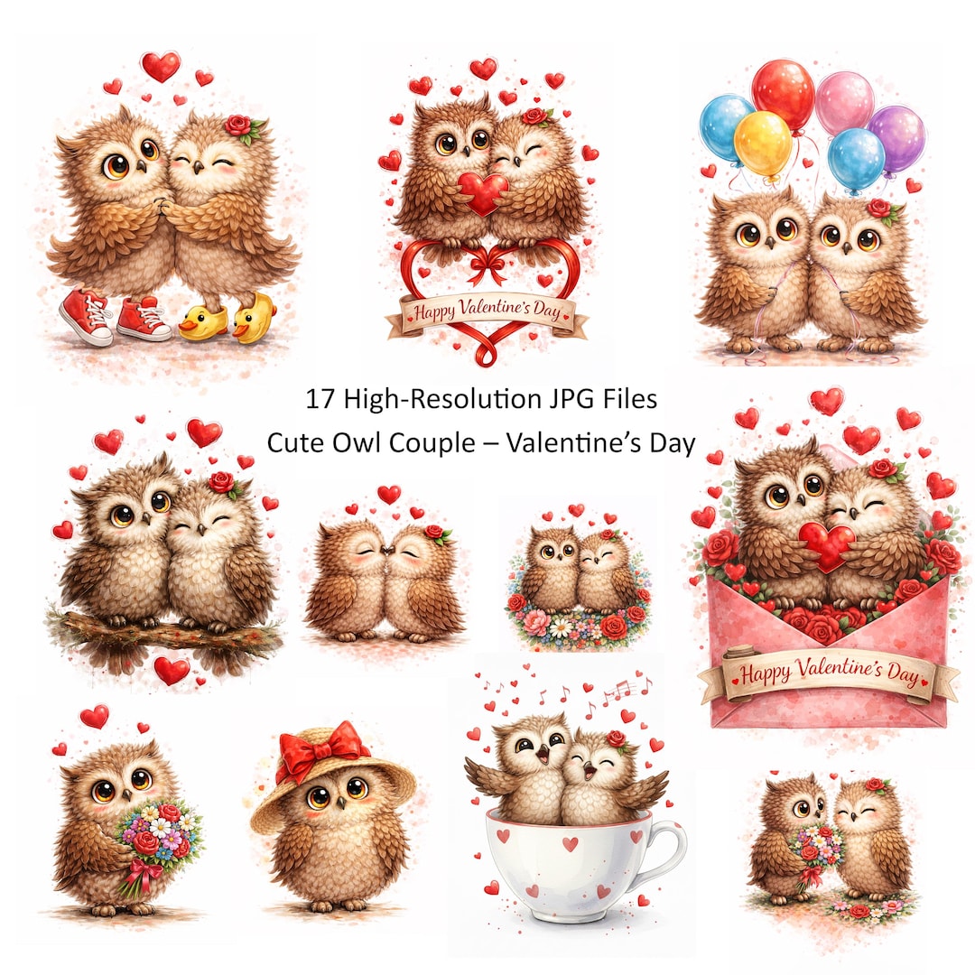 17 Cute Owl Couple With Heart – Clipart JPG – Valentine's Day Love ...
