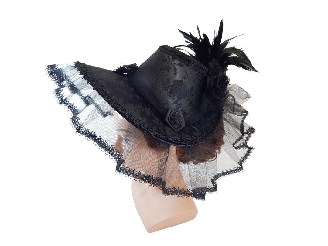 Black Bonnet, Hood With Ruffle, Derby Hat, Cosplay Headpiece, Vintage ...