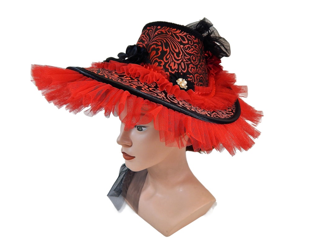 Red Bonnet, Hood With Veil, Derby Hat, Cosplay Headpiece, Vintage Style ...