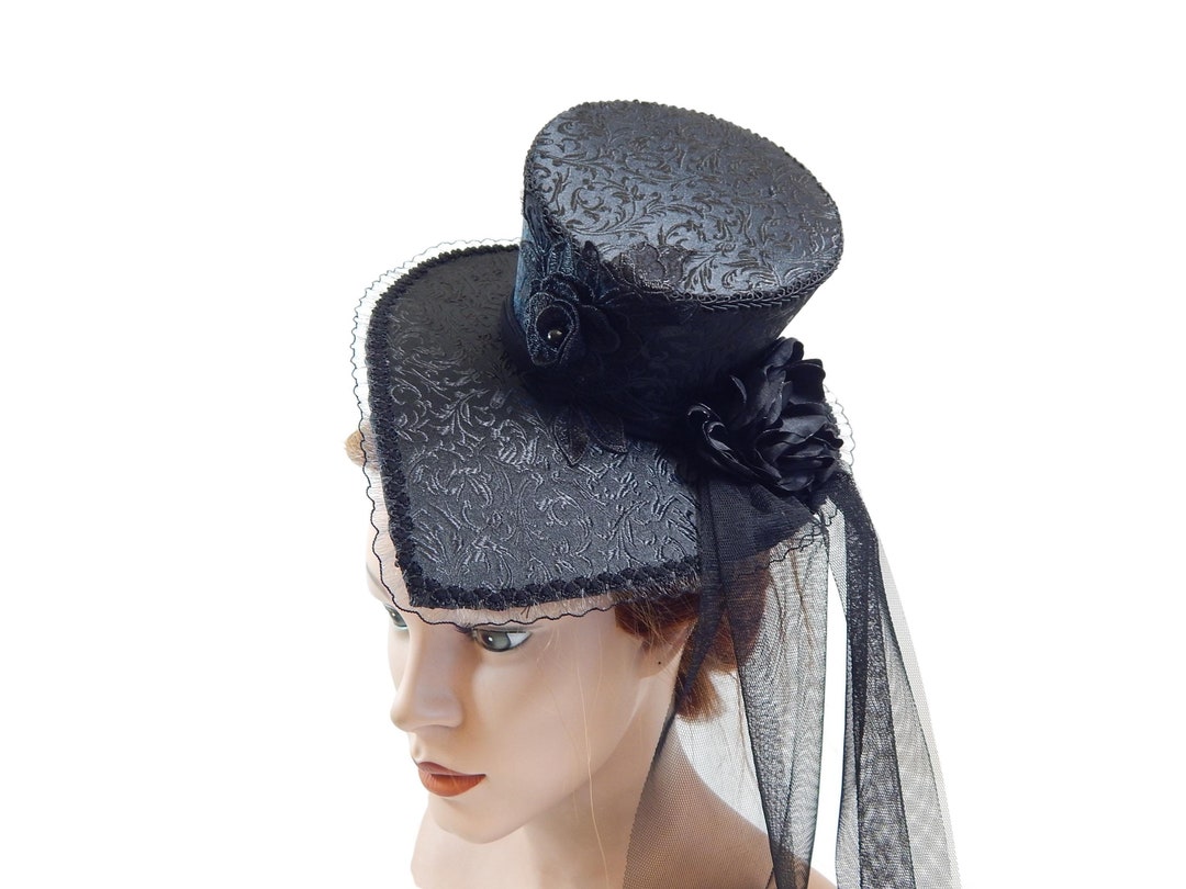 Black Jacquard Mini Top Hat, Gothic Steampunk Headdress, Floral ...