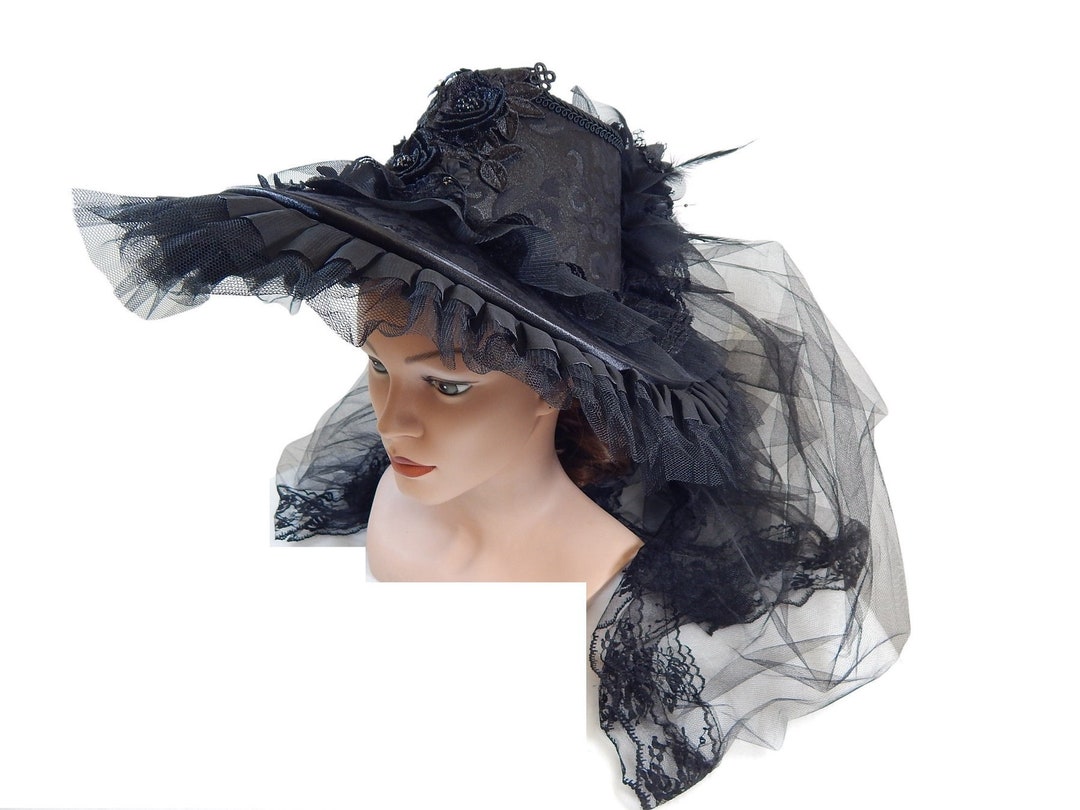 Black Bonnet, Hood With Veil, Derby Hat, Cosplay Headpiece, Vintage ...