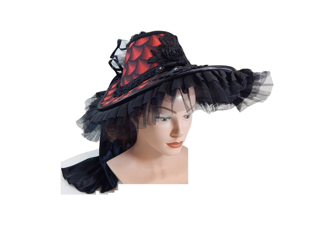 Red Bonnet, Hood With Veil, Derby Hat, Cosplay Headpiece, Vintage Style ...