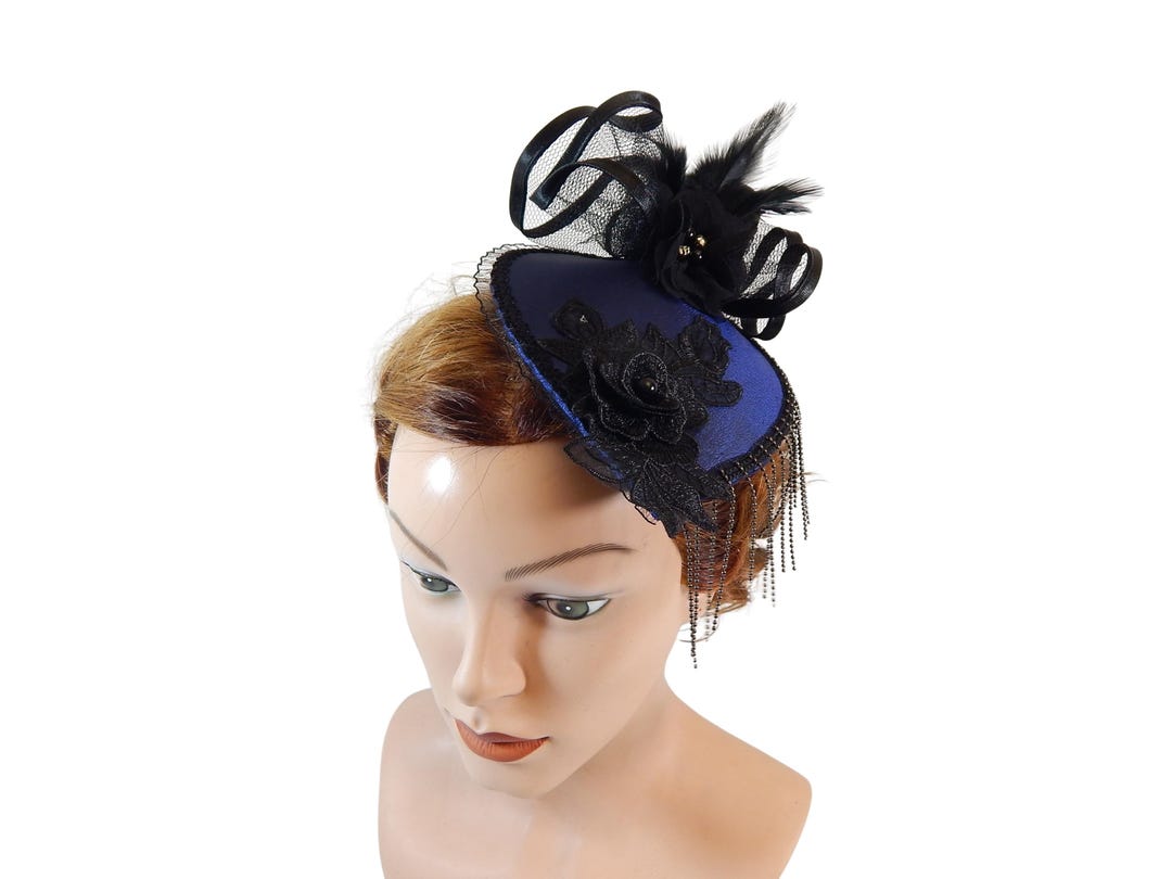 Teardrop Fascinator Dark Blue, Luncheon Hat Chains, Racing Hat, Percher ...