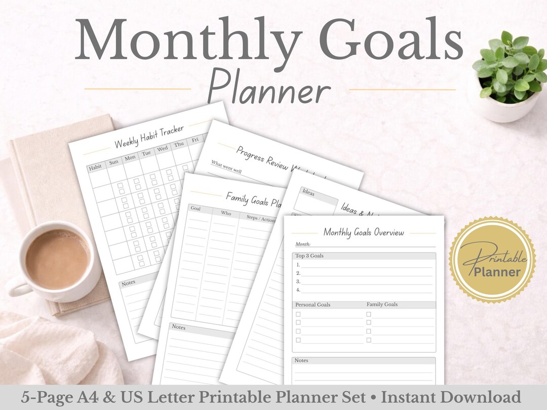 Monthly Goals Planner Printable Habit Tracker Goal Setting Planner ...