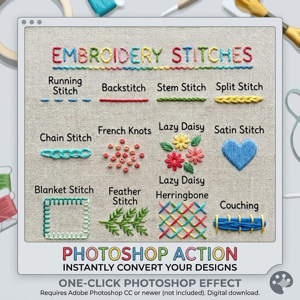 Embroidery Stitches Photoshop Action – Realistic Thread & Needlework ...