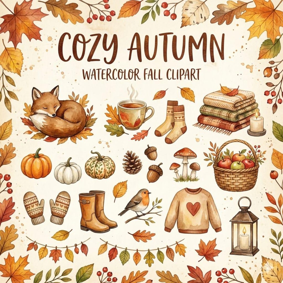 Cozy Autumn Watercolor Fall Clipart Bundle – Hand Painted Pumpkin ...